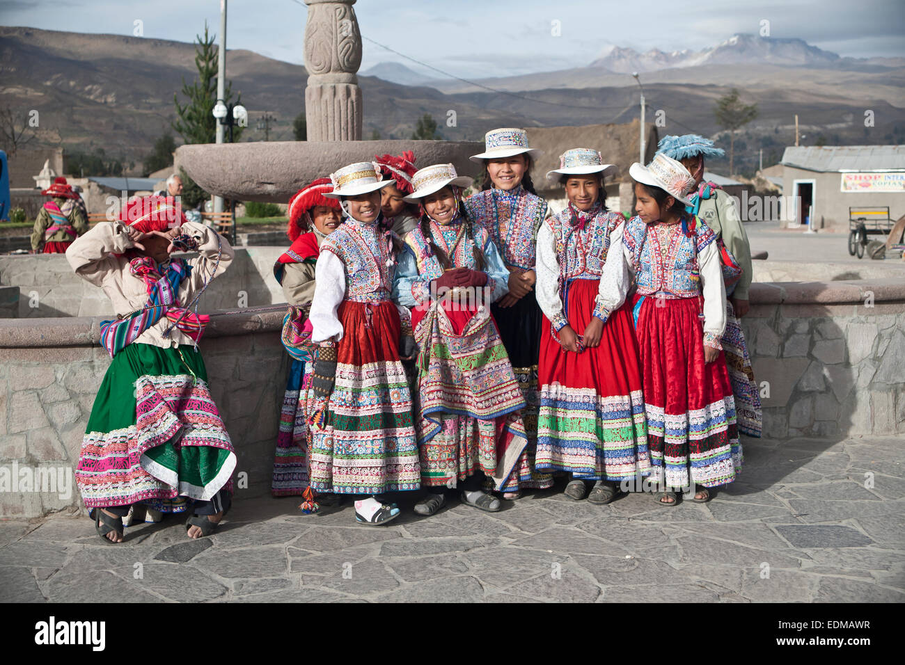 Peruvian school children in National dress ready to dance in town ...