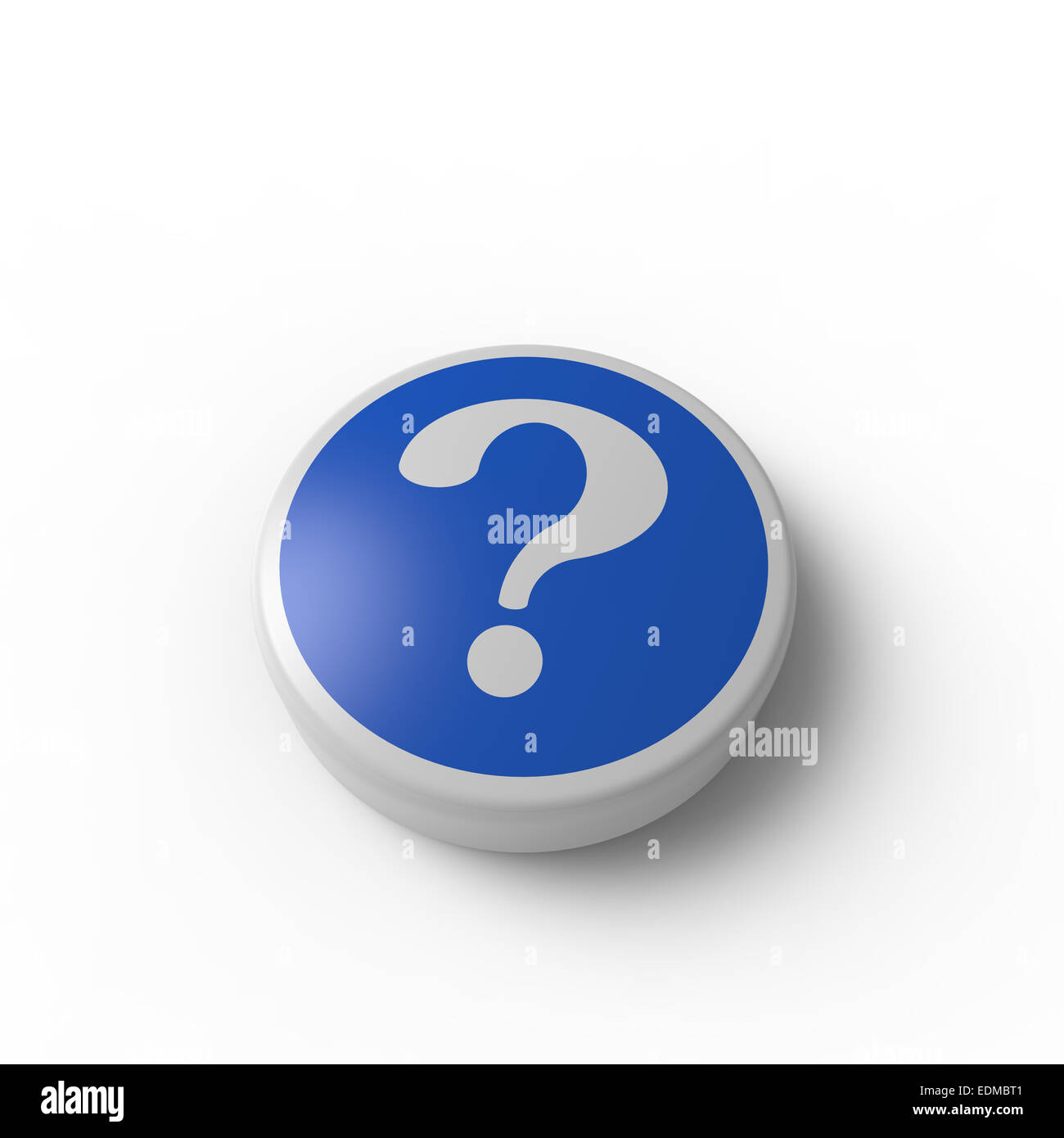 blue and white button with a question mark symbol on a white background ...