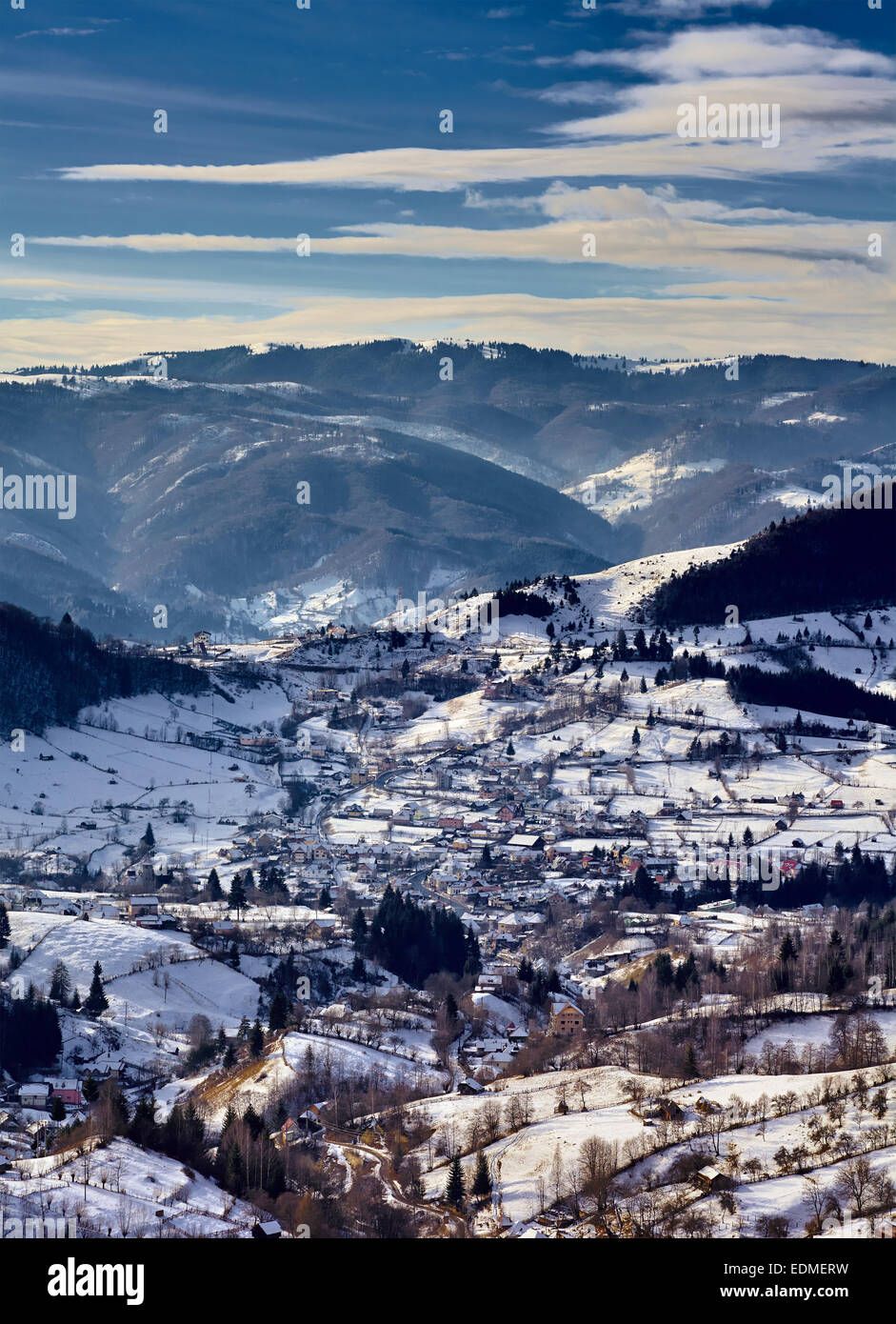 Aerial landscape of a small town between mountains in the winter Stock ...