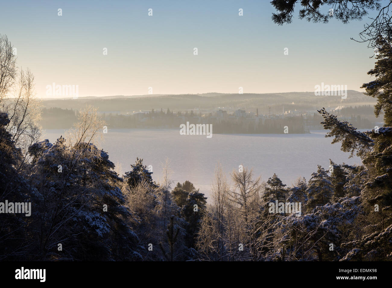 Landscape of snowy trees, frozen lake and forest in the winter in ...