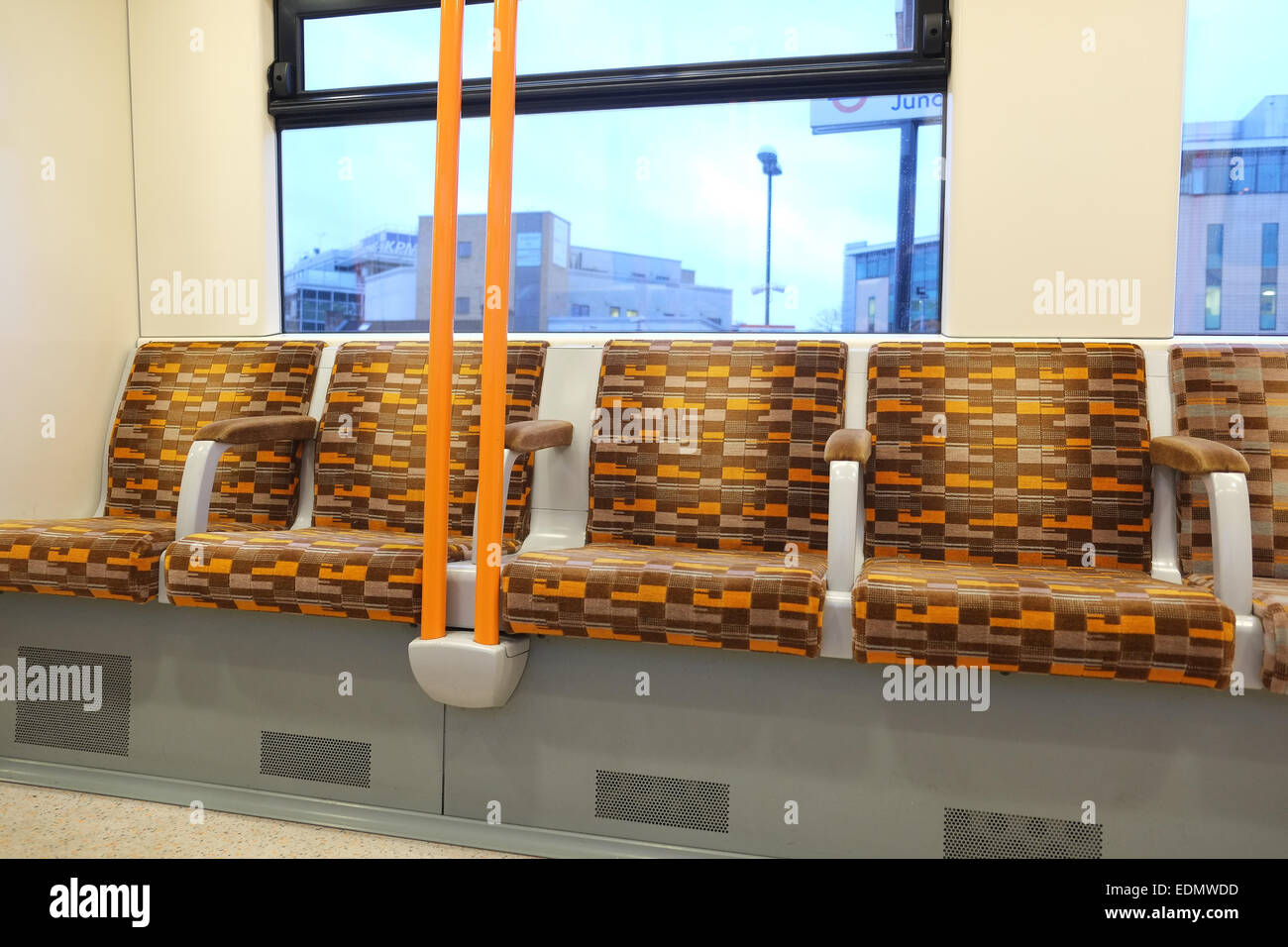 Row of seats in an empty train of the London Overground service 7th ...