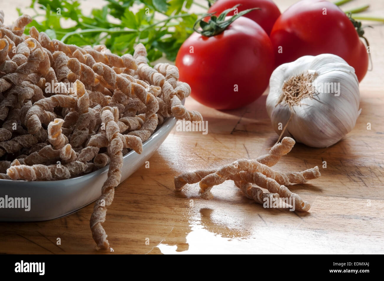corkscrew shaped raw pasta called busiate with whole wheat flour of ...