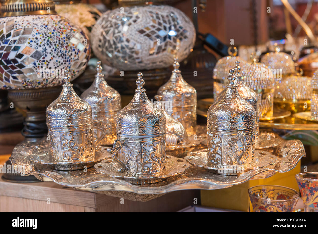 Ornate silver Turkish tea set at a bazaar market stall Stock Photo - Alamy