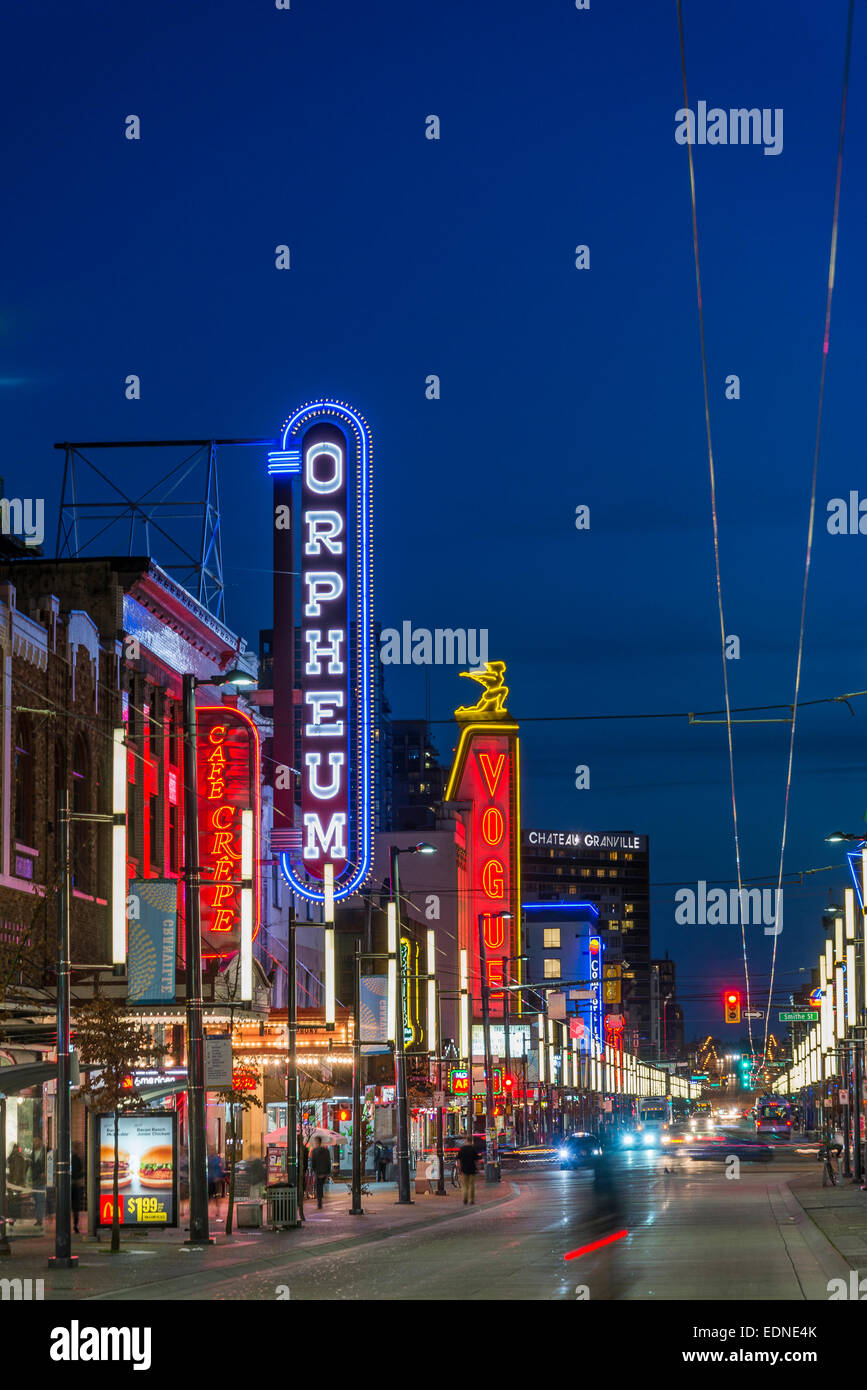 Orpheum and Vogue Theatre neon signs, Granville street at night ...
