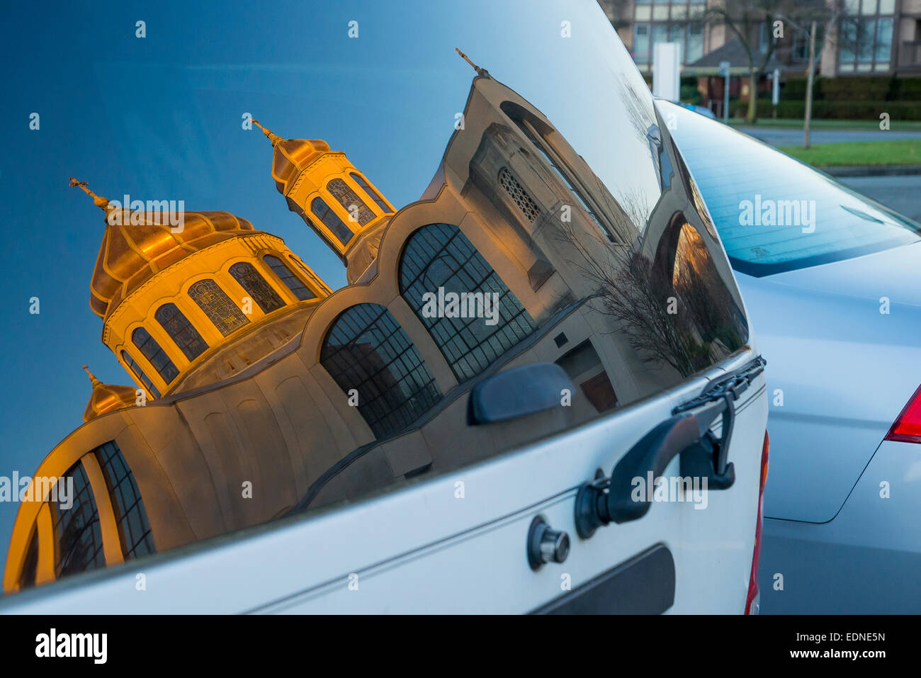 Reflection in car window of St. Mary's Ukrainian Catholic Church ...