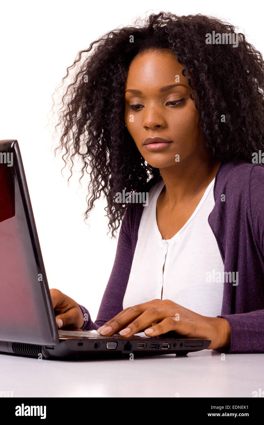 young woman working on a computer isolated on a white background Stock ...
