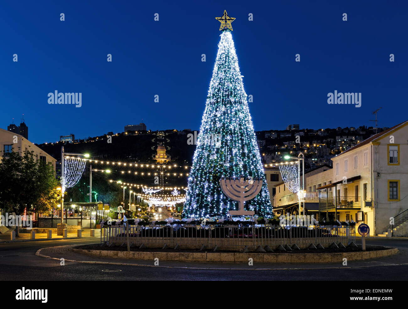 Christmas tree on the background of Bahai Temple Stock Photo - Alamy