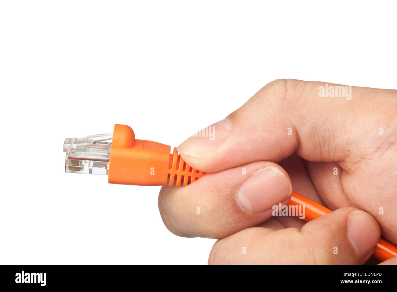 Hand plugging a category 5 network cable isolated on white background ...