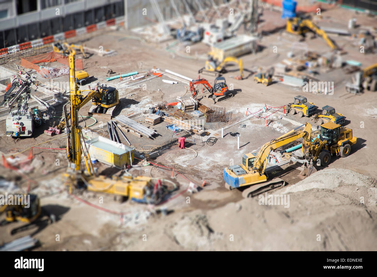 Aerial View of Busy Construction Site with Extreme Bokeh Stock Photo ...