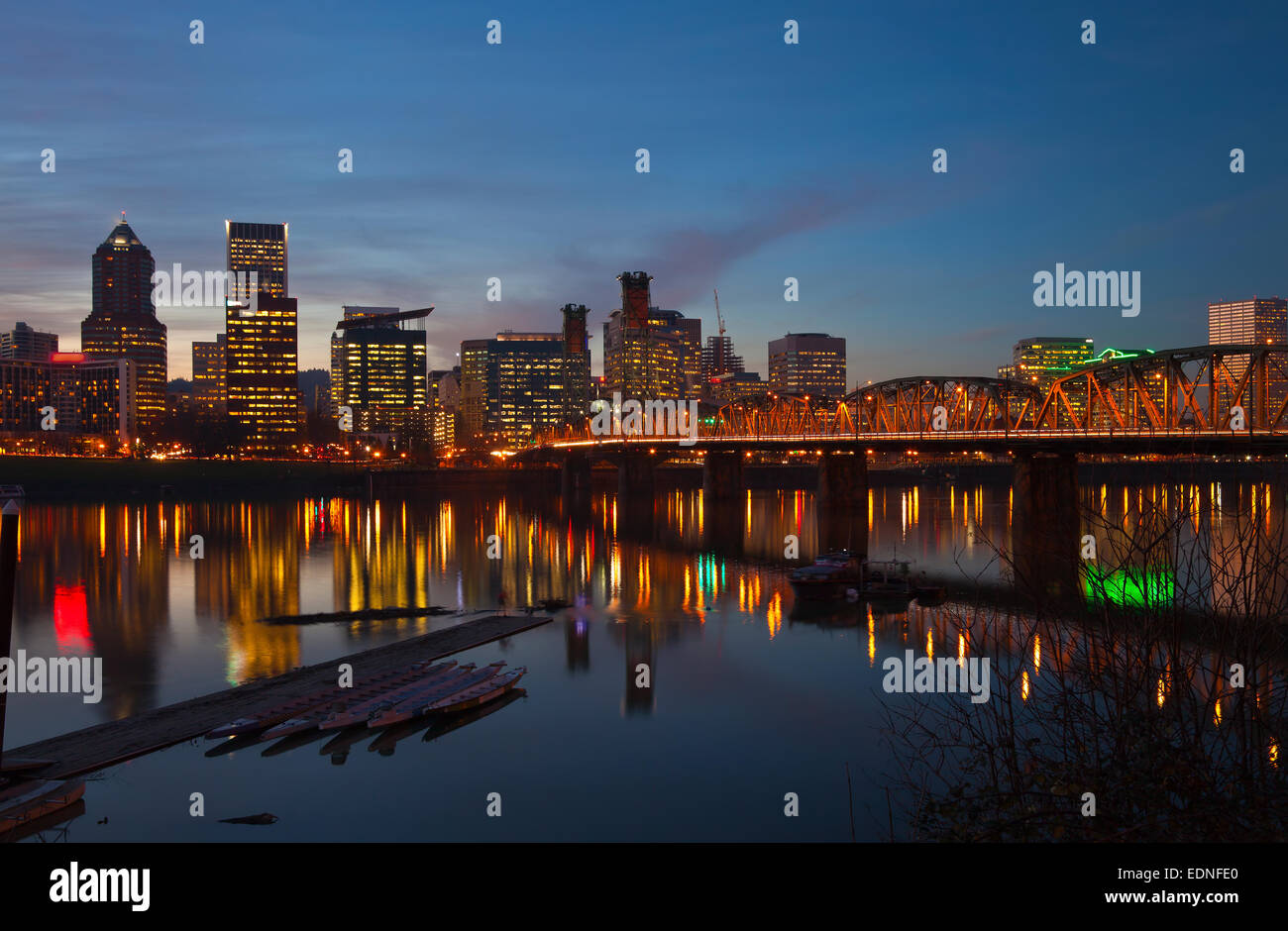 Portland Oregon downtown buildings blue hour lights Stock Photo - Alamy