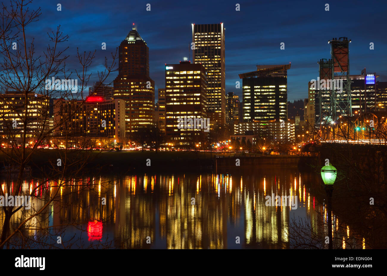 Portland Oregon downtown buildings blue hour lights Stock Photo - Alamy