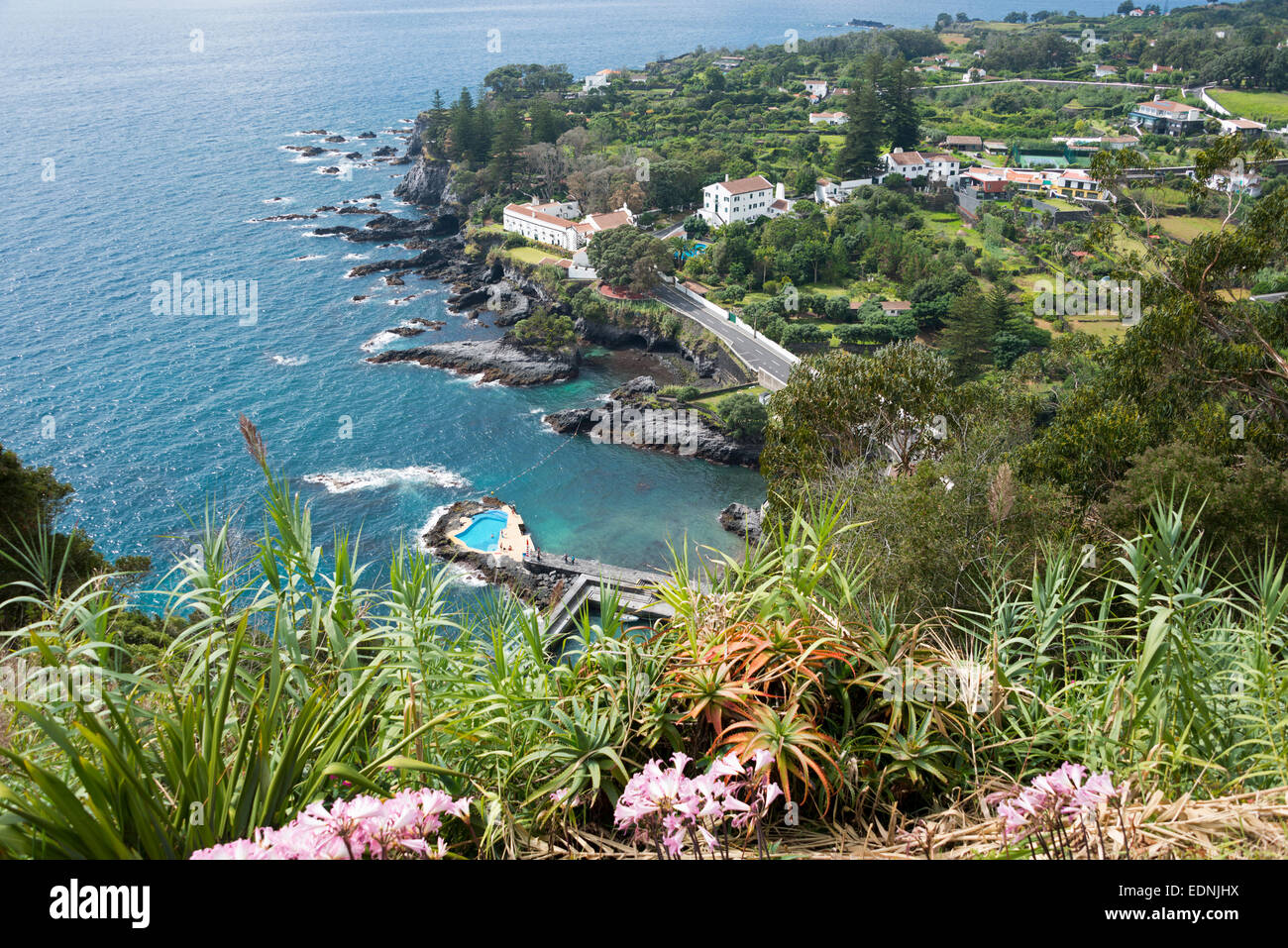 View from Miradouro do Pisao onto Caloura, Sao Miguel, Azores, Portugal ...
