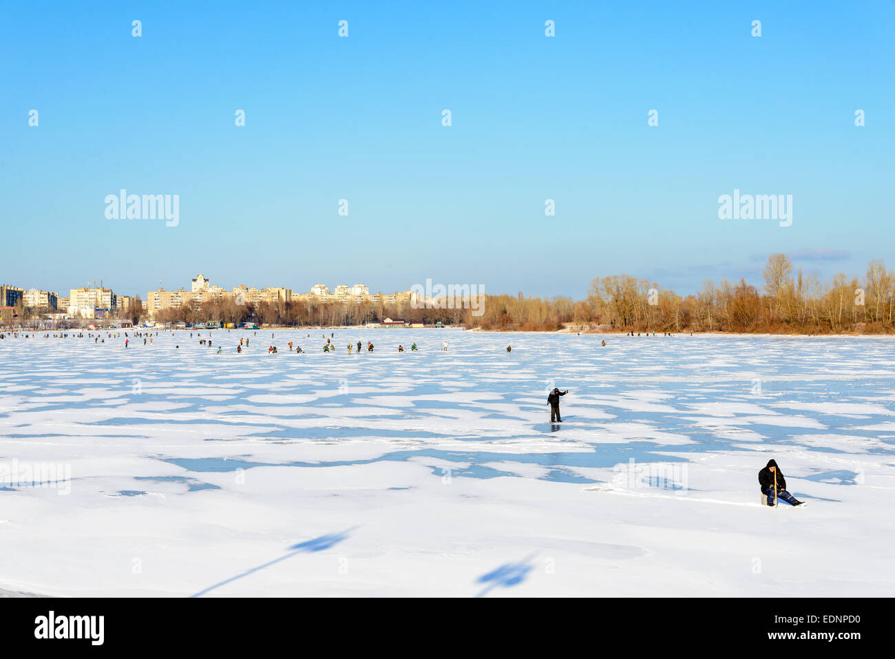 Kiev/Ukraine - January 07, 2015 -The Dnieper river is frozen. Hundred ...