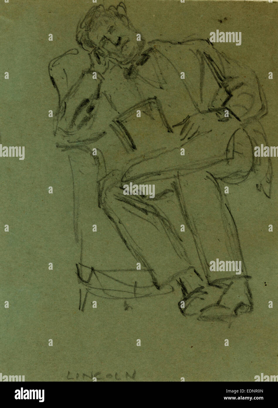 Lincoln resting in chair, top hat in lap, 1862-1865, by Alfred R Waud ...