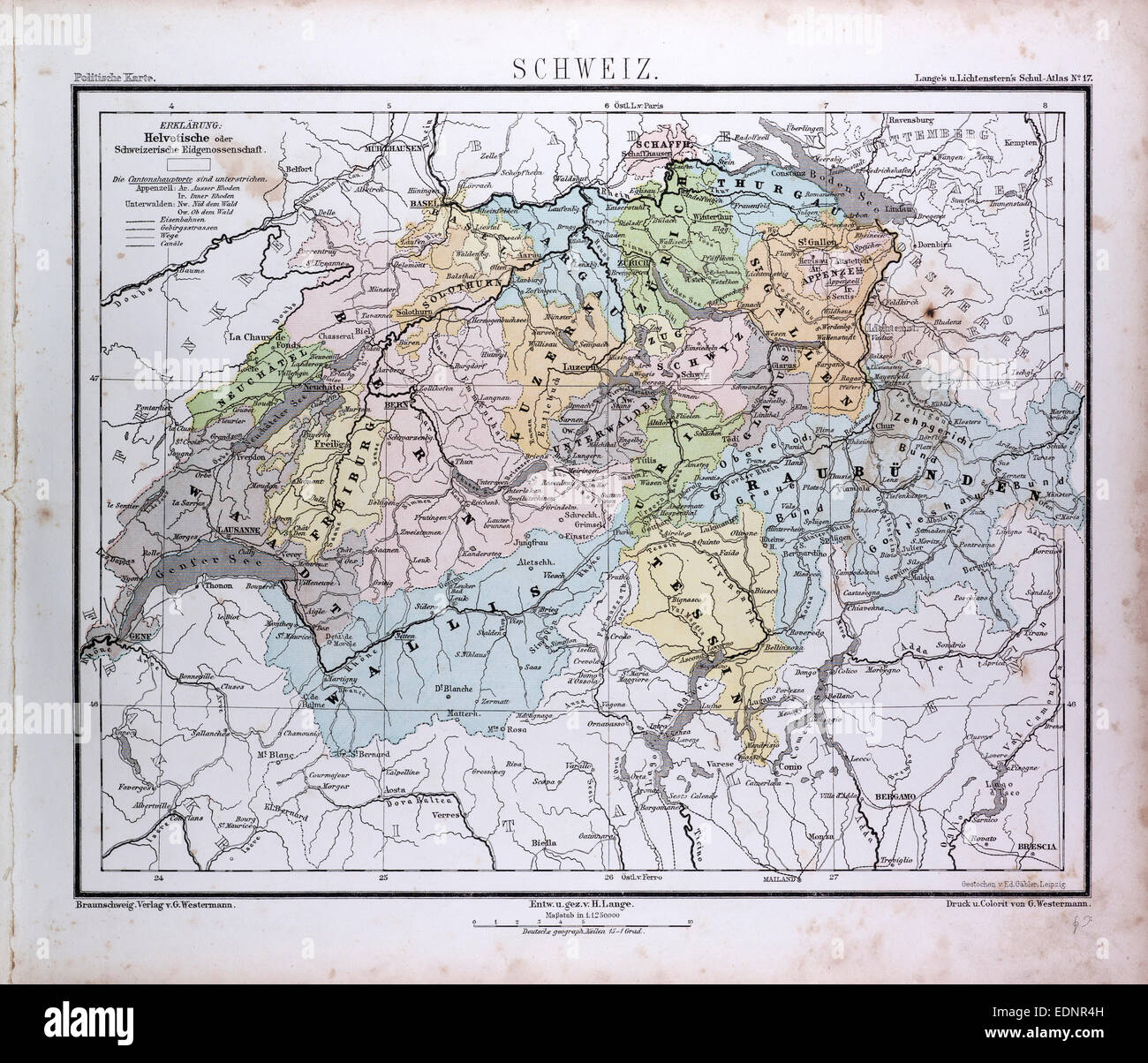 Switzerland, atlas by Th. von Liechtenstern and Henry Lange, antique ...