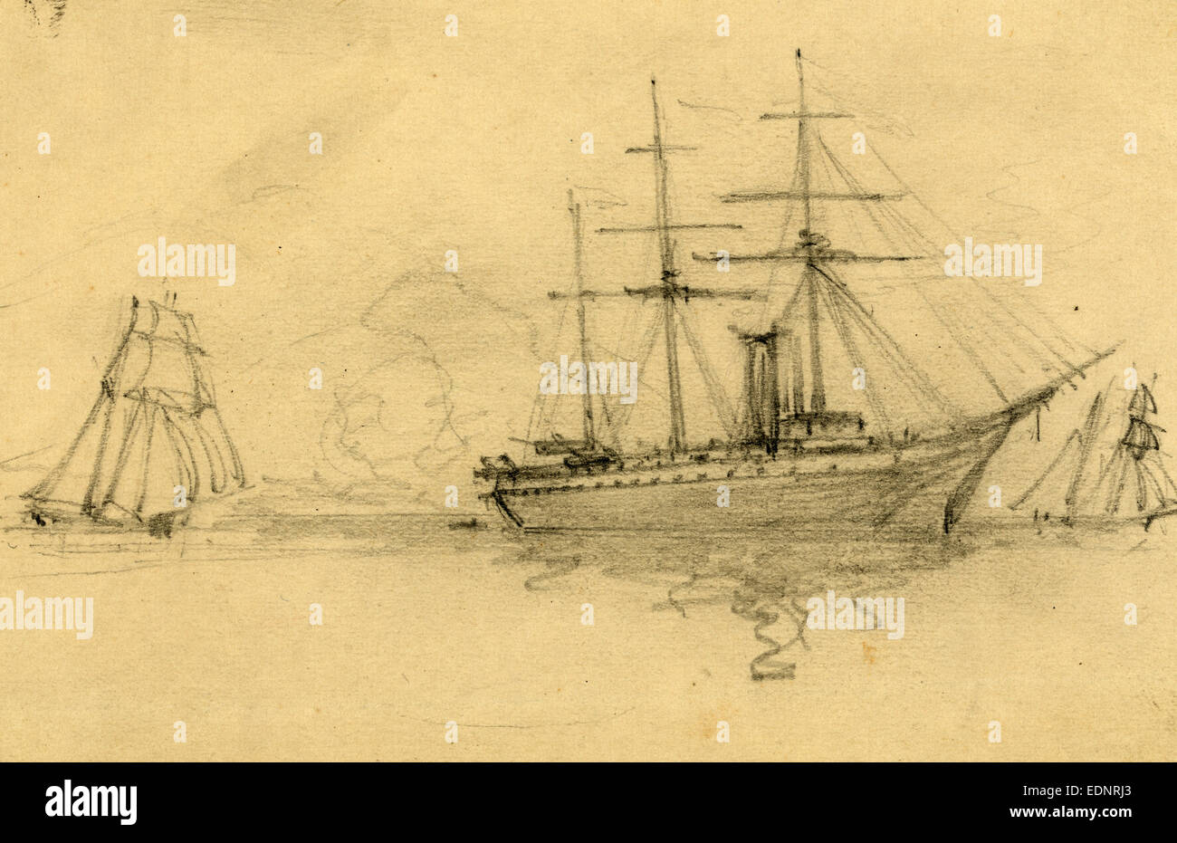 Three ships at sea, 1860-1865, drawing, 1862-1865, by Alfred R Waud ...