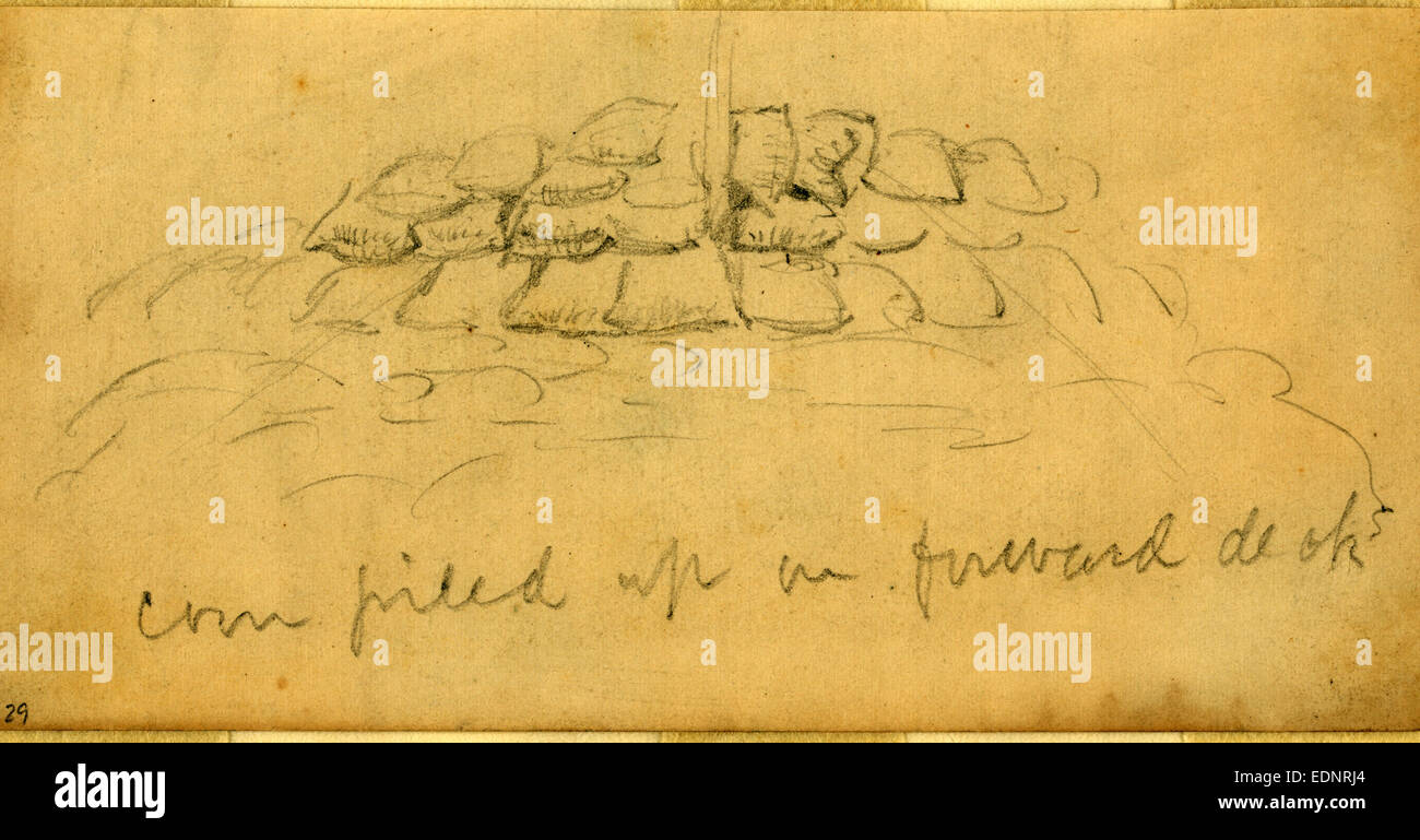 Corn piled up on forward deck, 1860-1865, drawing, 1862-1865, by Alfred ...