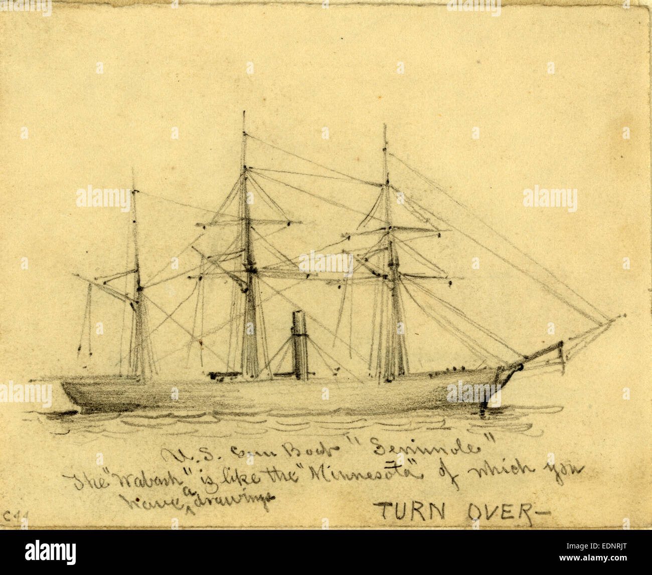 U.S. Gun Boat Seminole, between 1860 and 1865, drawing on cream paper ...