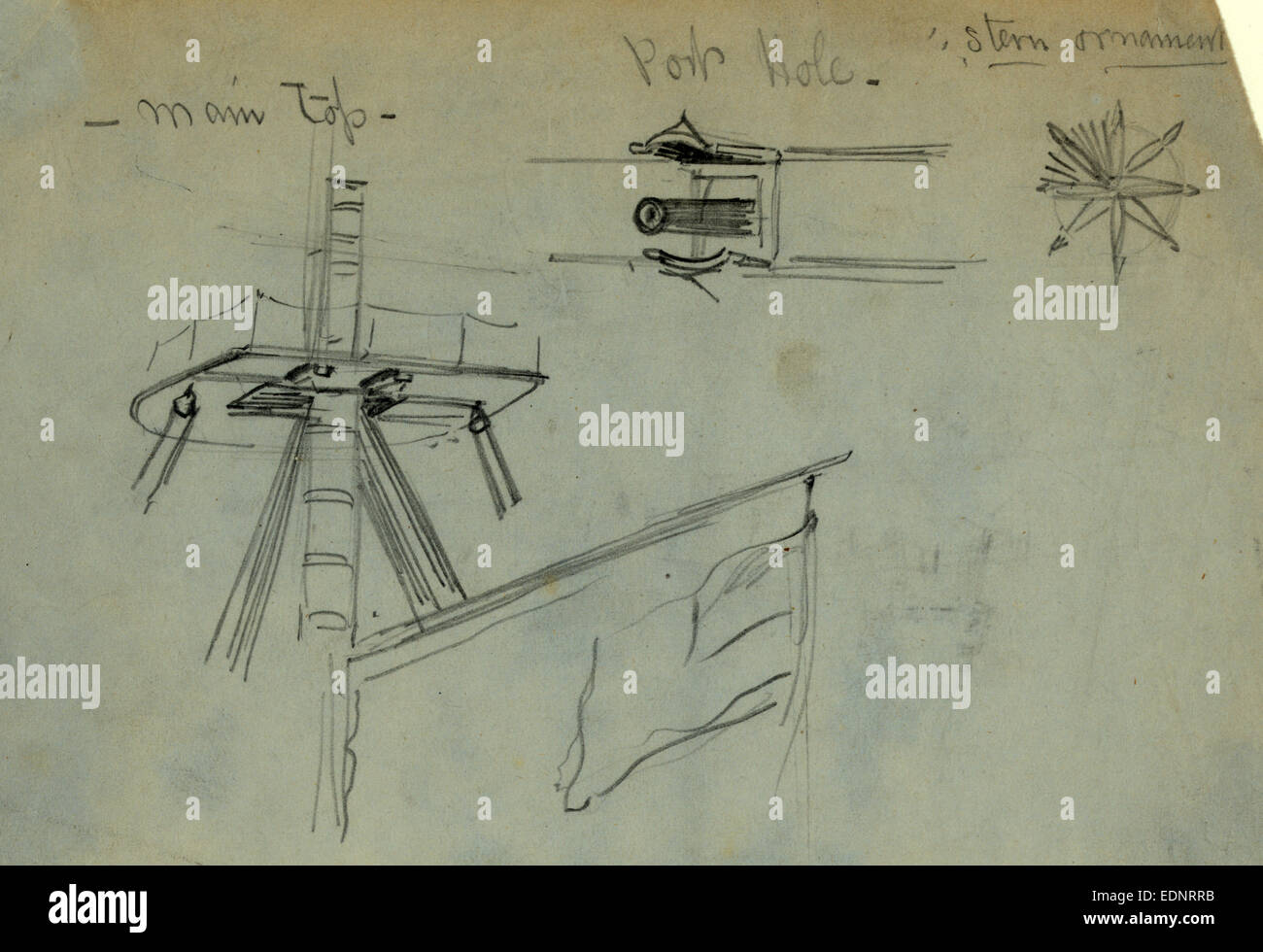 Three details of ship design, between 1860 and 1865, drawing on blue ...