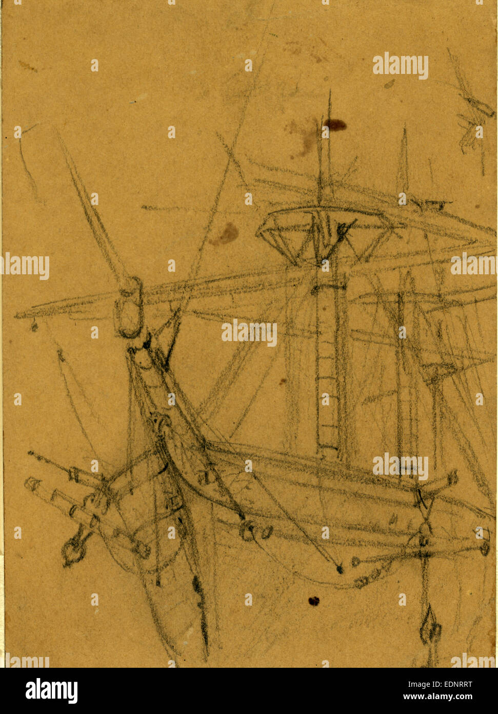 View of ships bow and rigging, between 1860 and 1865, drawing on brown ...