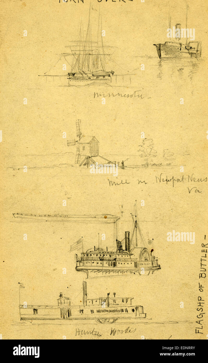 Views of ships and a mill, between 1860 and 1865, drawing on cream ...