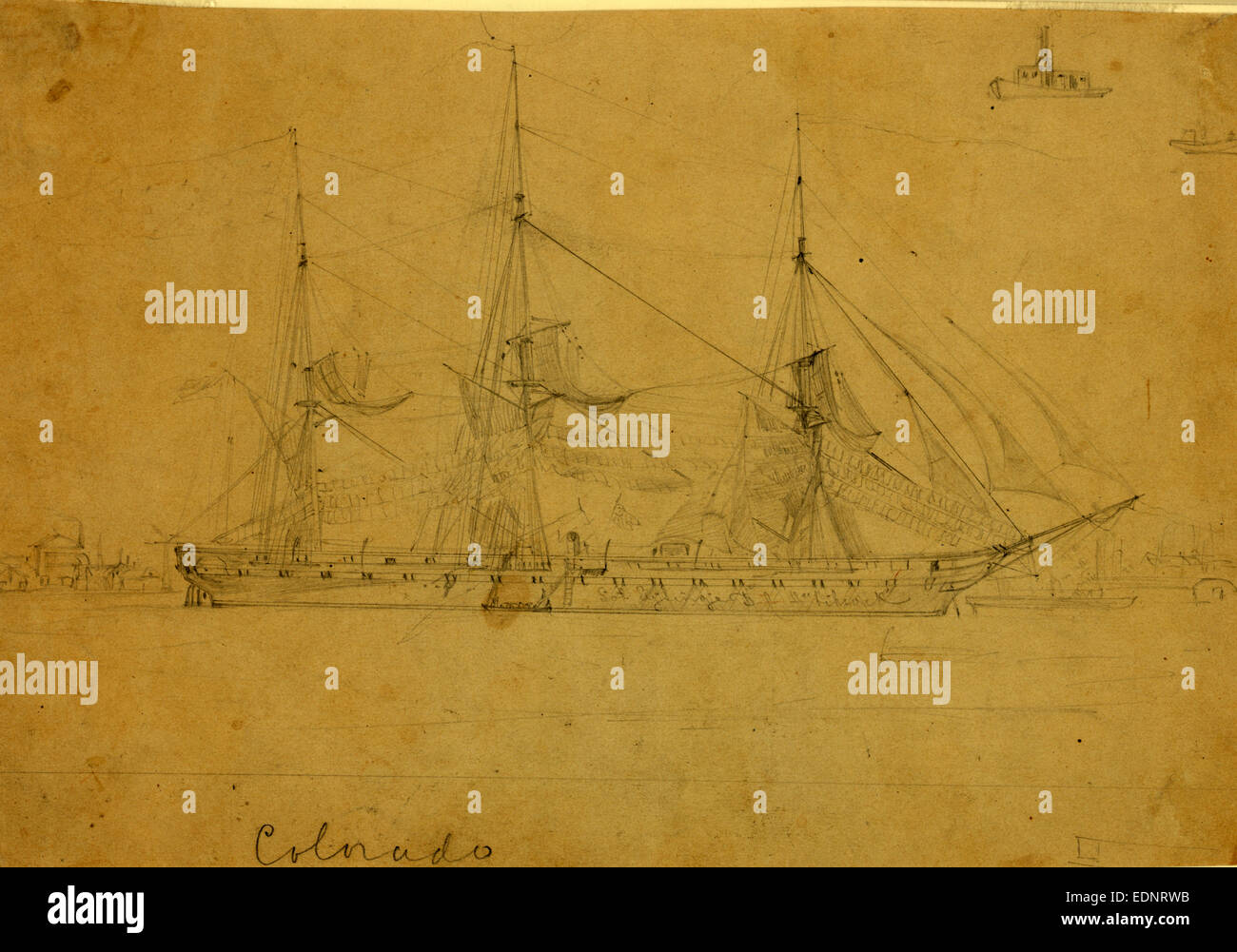 Colorado, Broadside view of ship, outline of port in background, 1860 ...