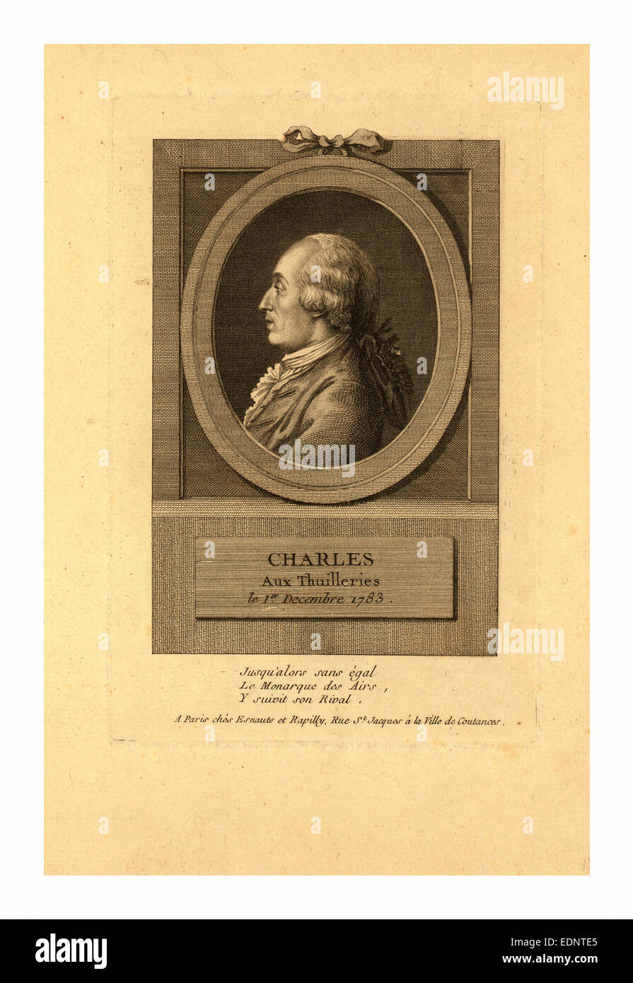 Head-and-shoulders profile portrait of French balloonist J.A.C. Charles ...