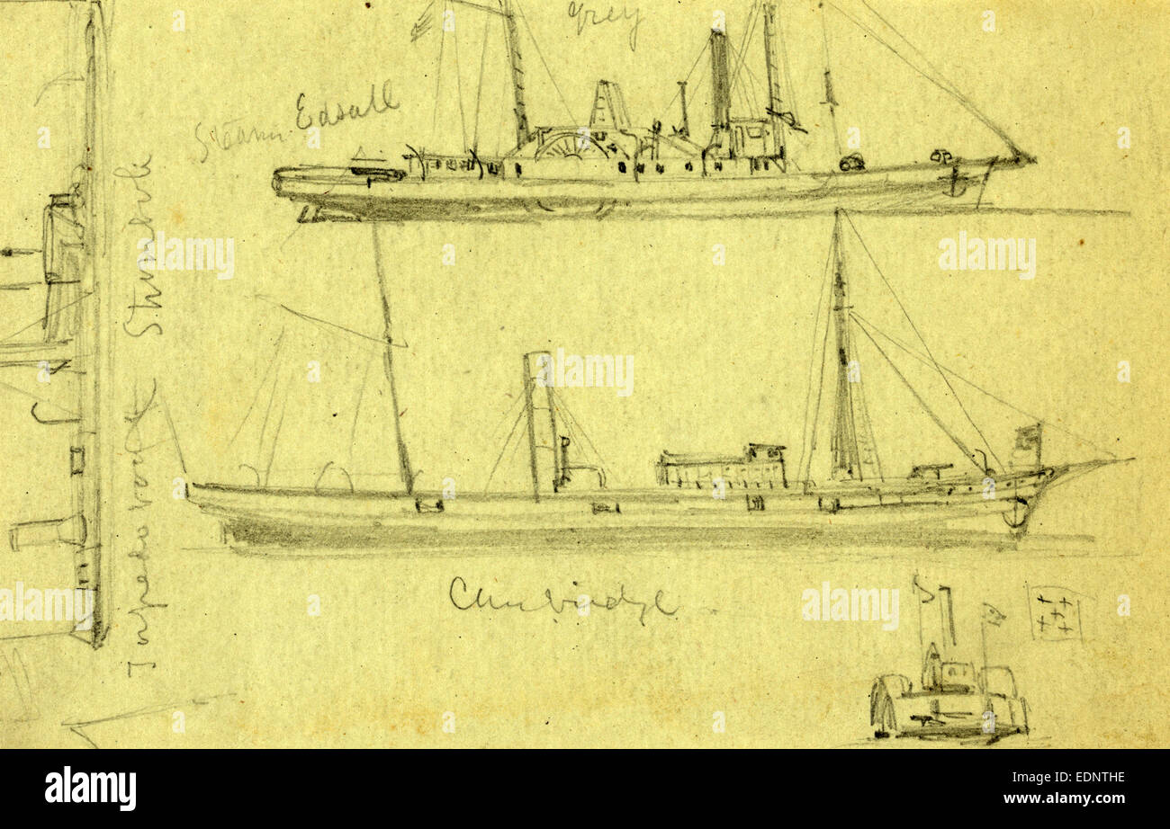 Sketches of four ships, between 1860 and 1865, drawing on light green ...