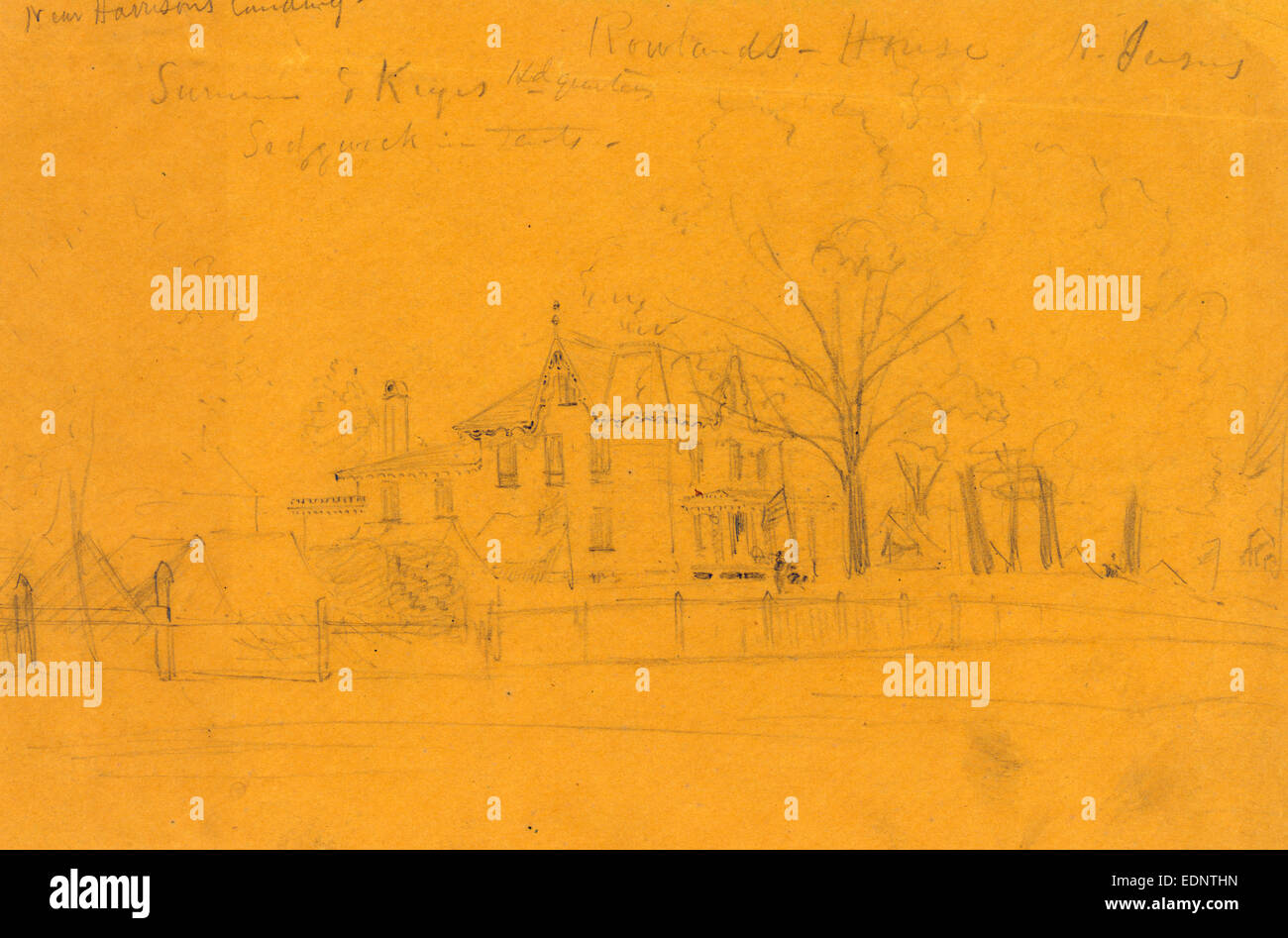 Rowlands House N. Jersey, 1862 July?, drawing on orange-yellow paper ...