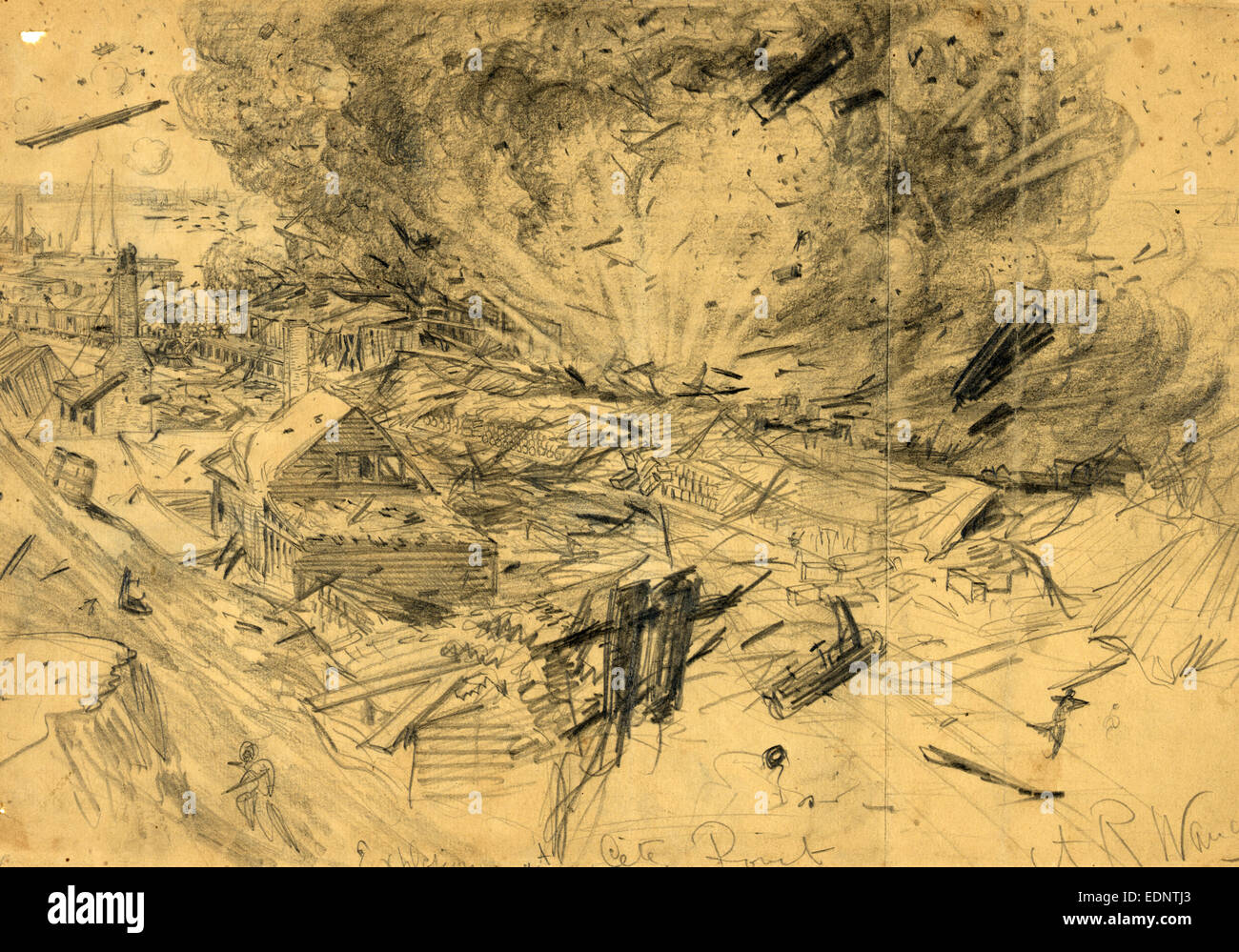 Explosion at City Point, 1864 August 9, drawing on tan paper pencil ...