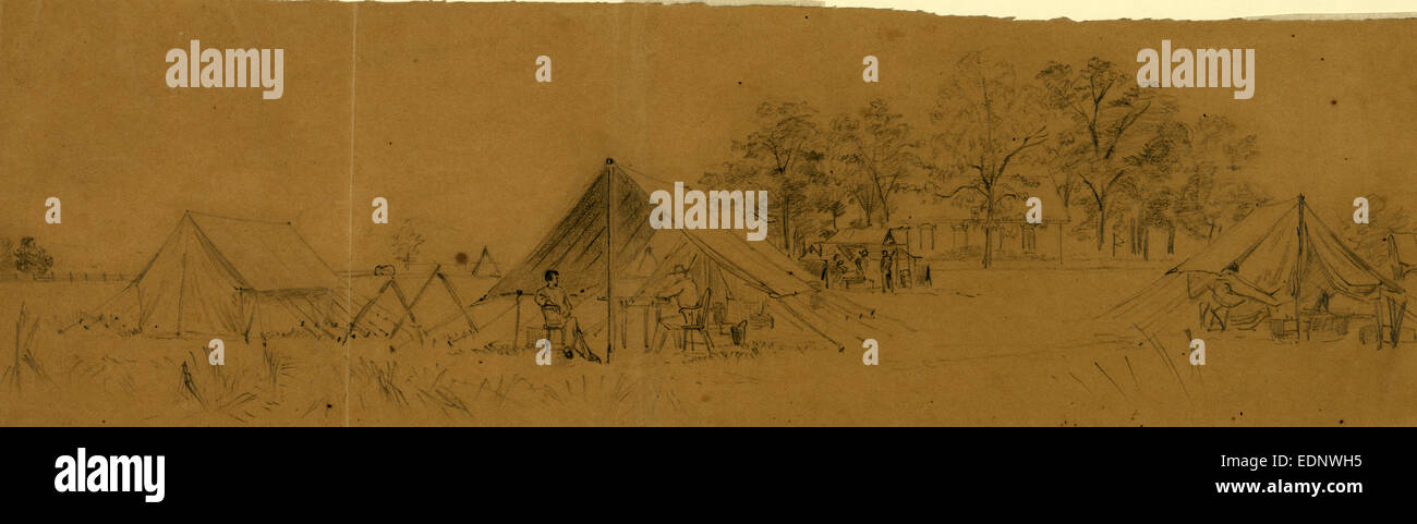 Soldiers in their tents in army camp, drawing, 1862-1865, by Alfred R ...