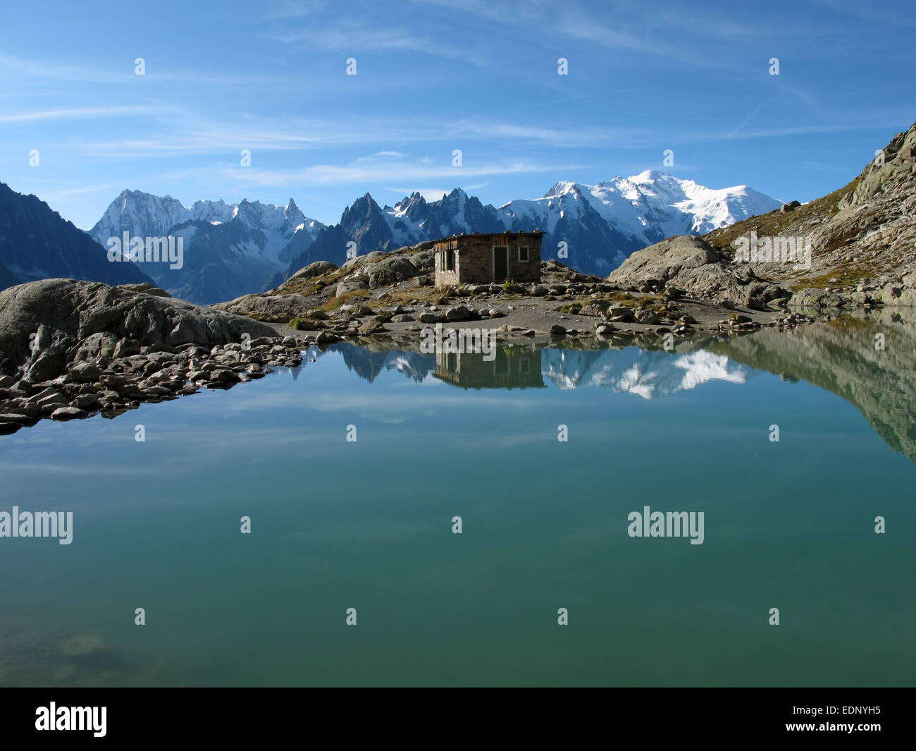 The old refuge next to Lac Blanc above Chamonix, overlooking the ...
