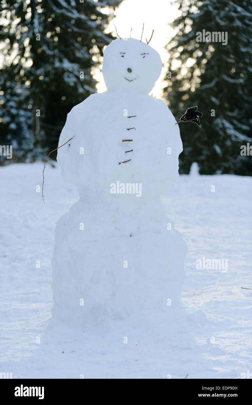 A snowman in the winter landscape, Germany, near city of Sonnenberg in ...