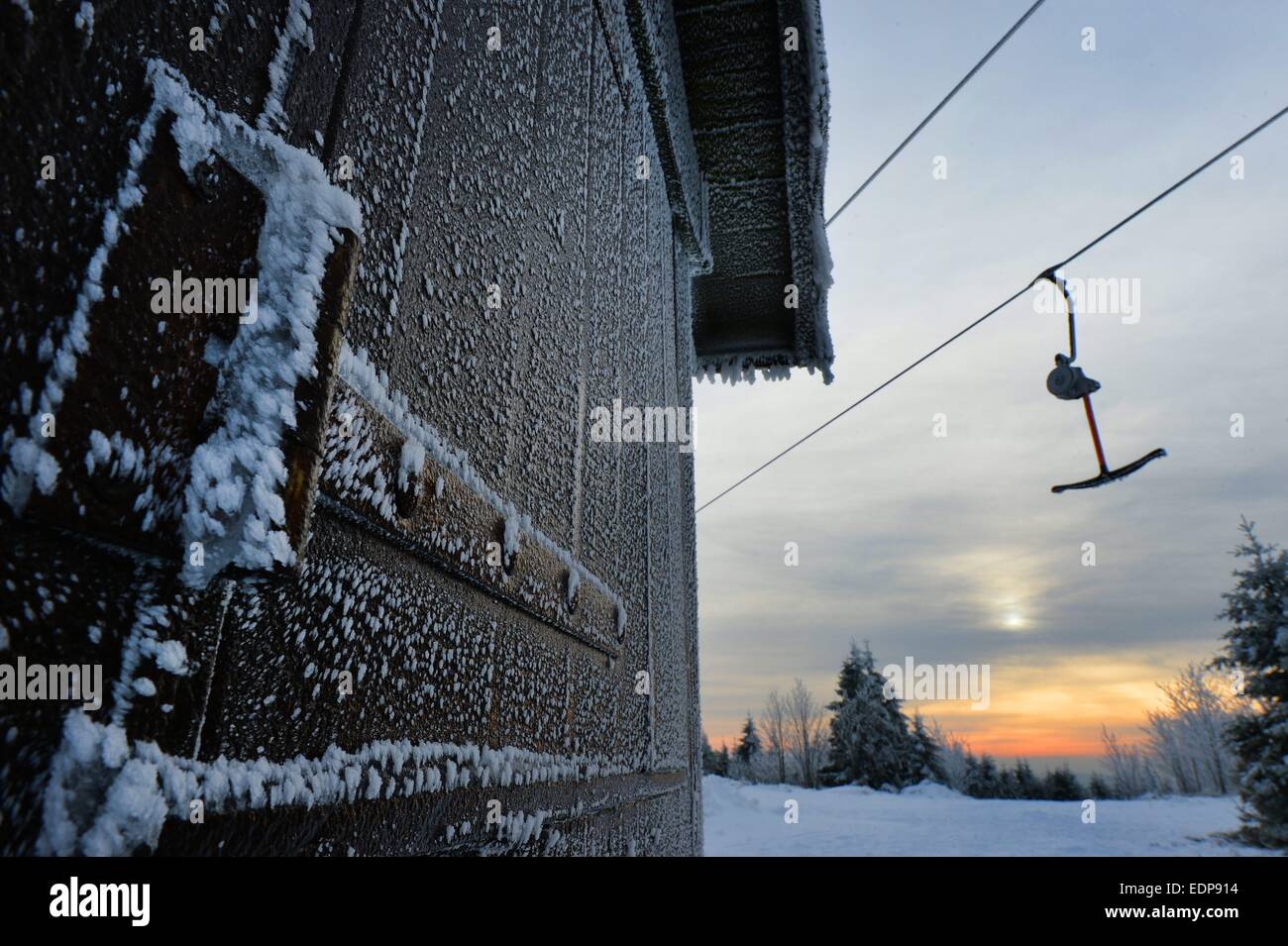 Winter landscape with ski lift, Germany, near city of Sonnenberg in the ...