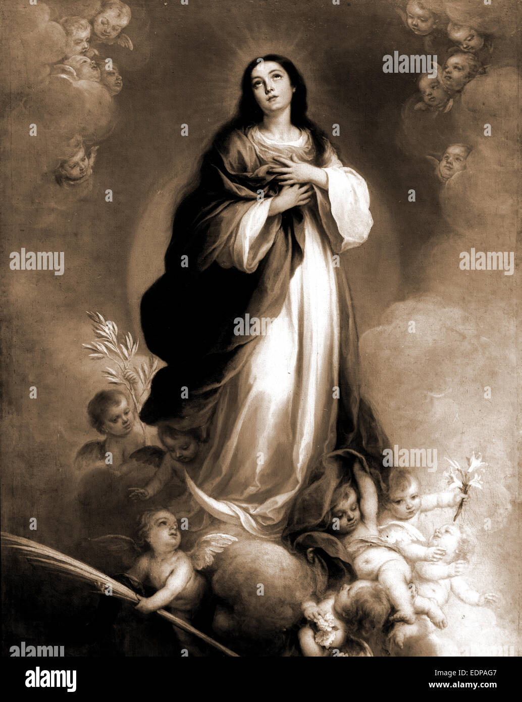 Saint, possibly Virgin Mary, standing on cloud surrounded by cherubs ...