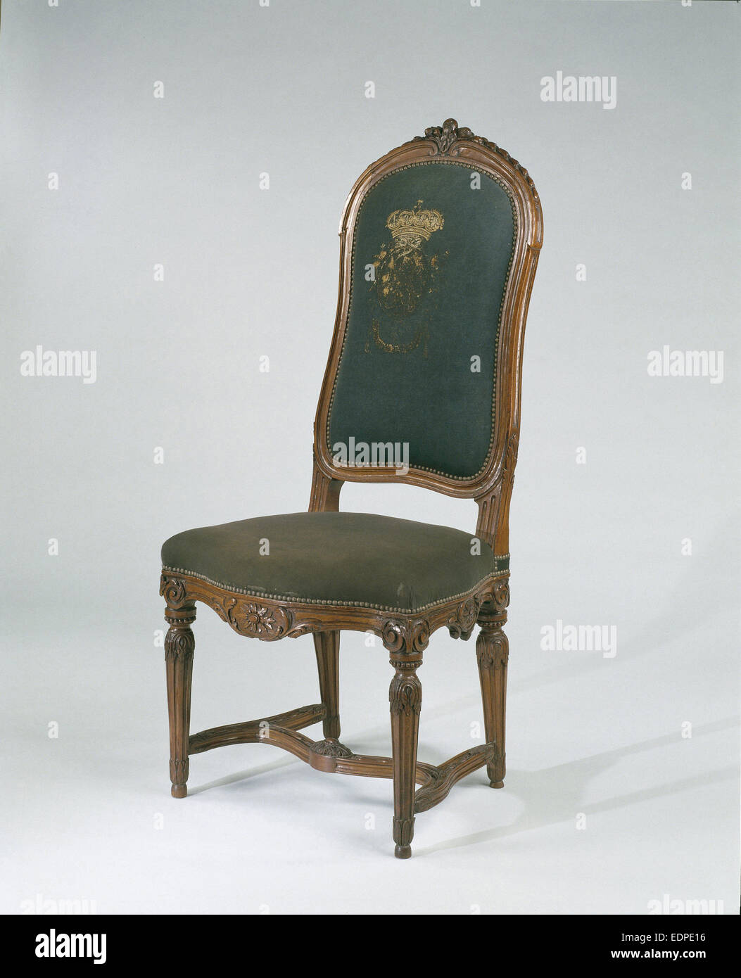 Chair beech wood with fluted legs and carved, upholstered in blue-green ...
