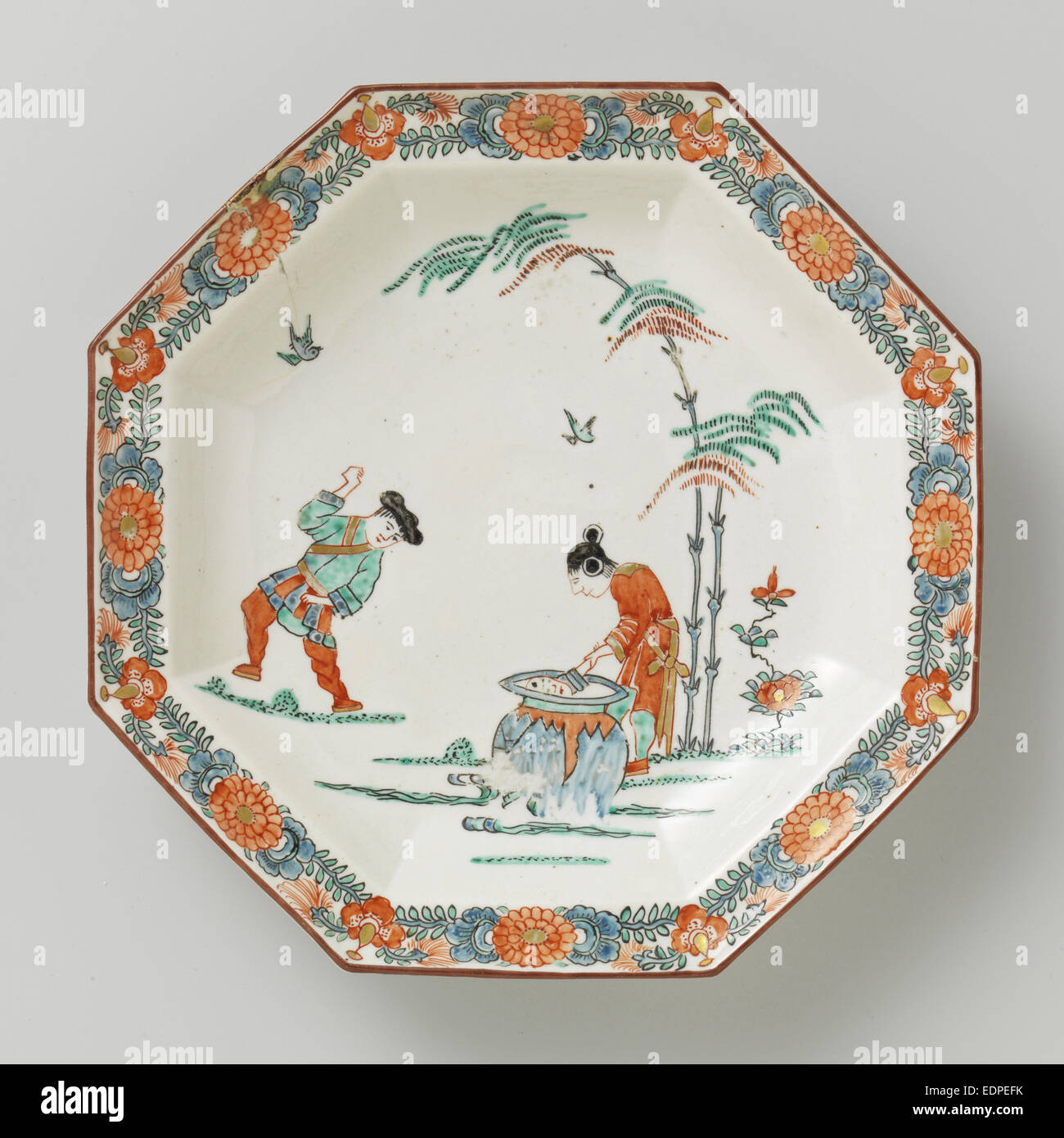 Dish, octagonal, with polychrome decoration with man, child cooking pot ...