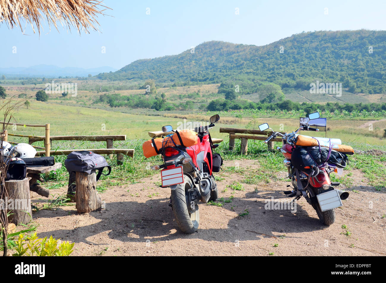 Stop Sport Motorcycle and Chopper Motorcycle for rest at Viewpoint in ...