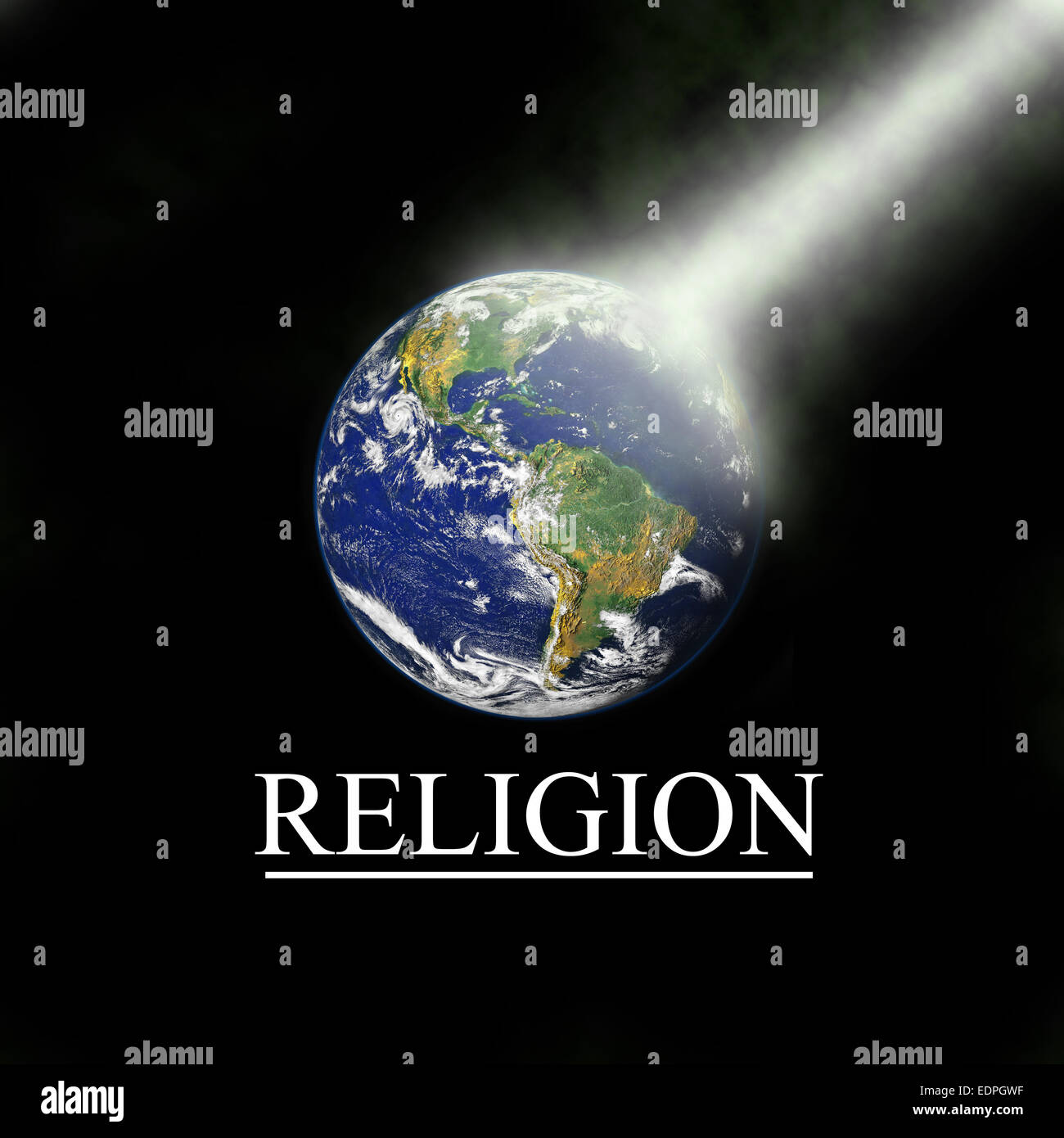 Earth with religious light beam with black background. Elements of this ...