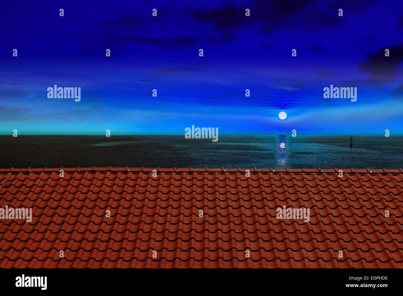 Detail of the roof of a farmhouse in the night with moon and sea Stock ...