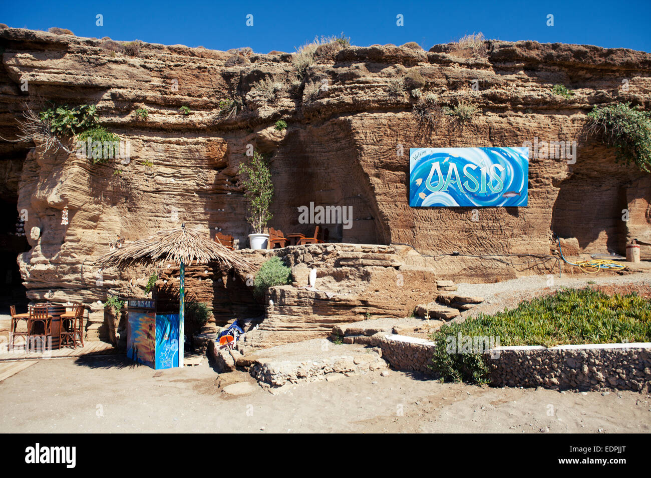 Oasis beach detail of the bar area in and outside the cliff Stock Photo ...