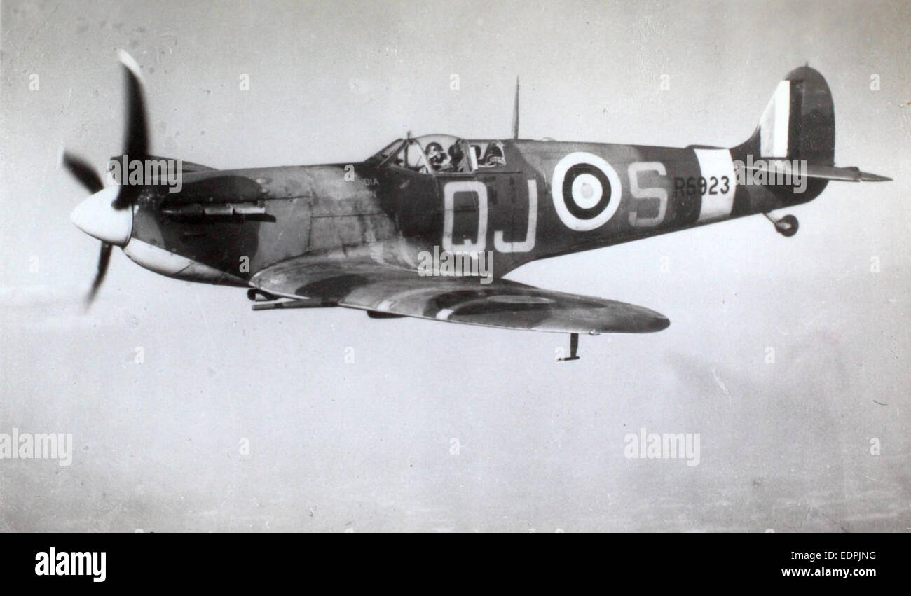 This image shows the iconic Supermarine Spitfire, identified by serial ...