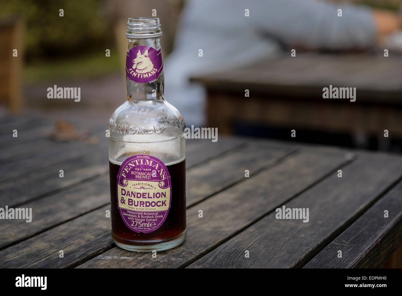 A half-finished bottle of Fentiman's dandelion and burdock soft drink ...