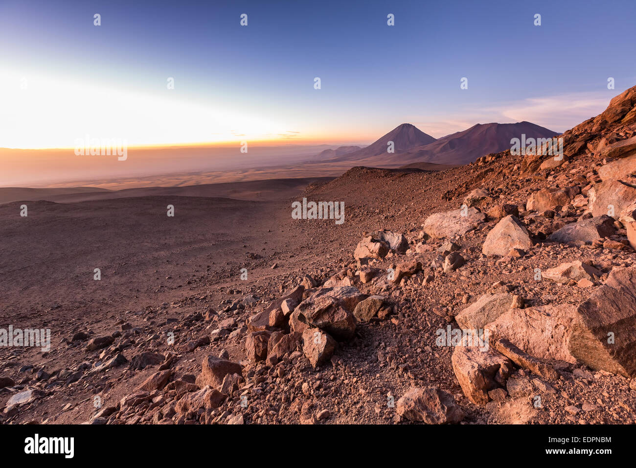 Sunset seen from the hills of Cerro Toco volcano, San Pedro de Atacama ...