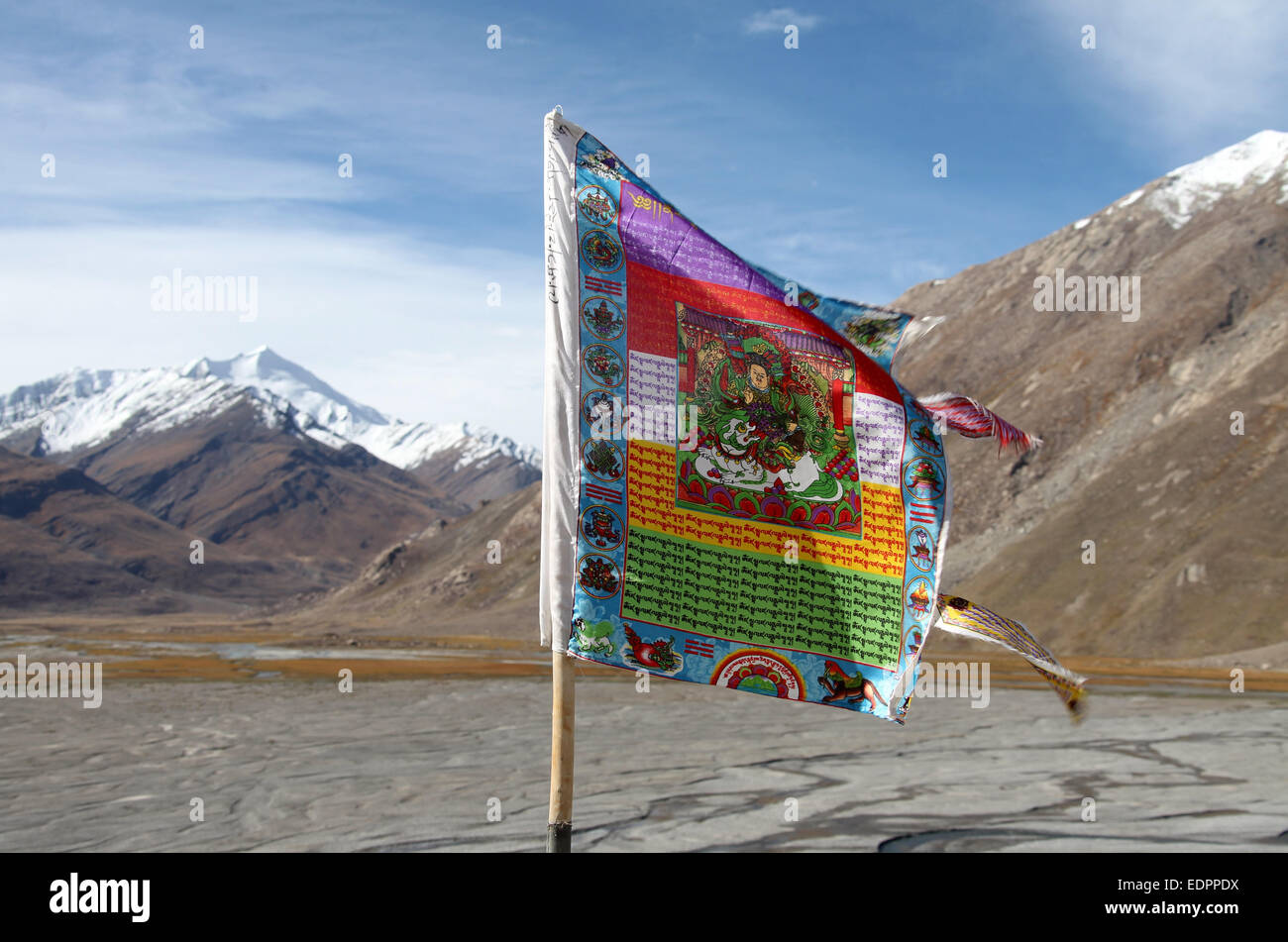 Buddhist flag at the remote monastery of Rangdum in the Suru Valley ...