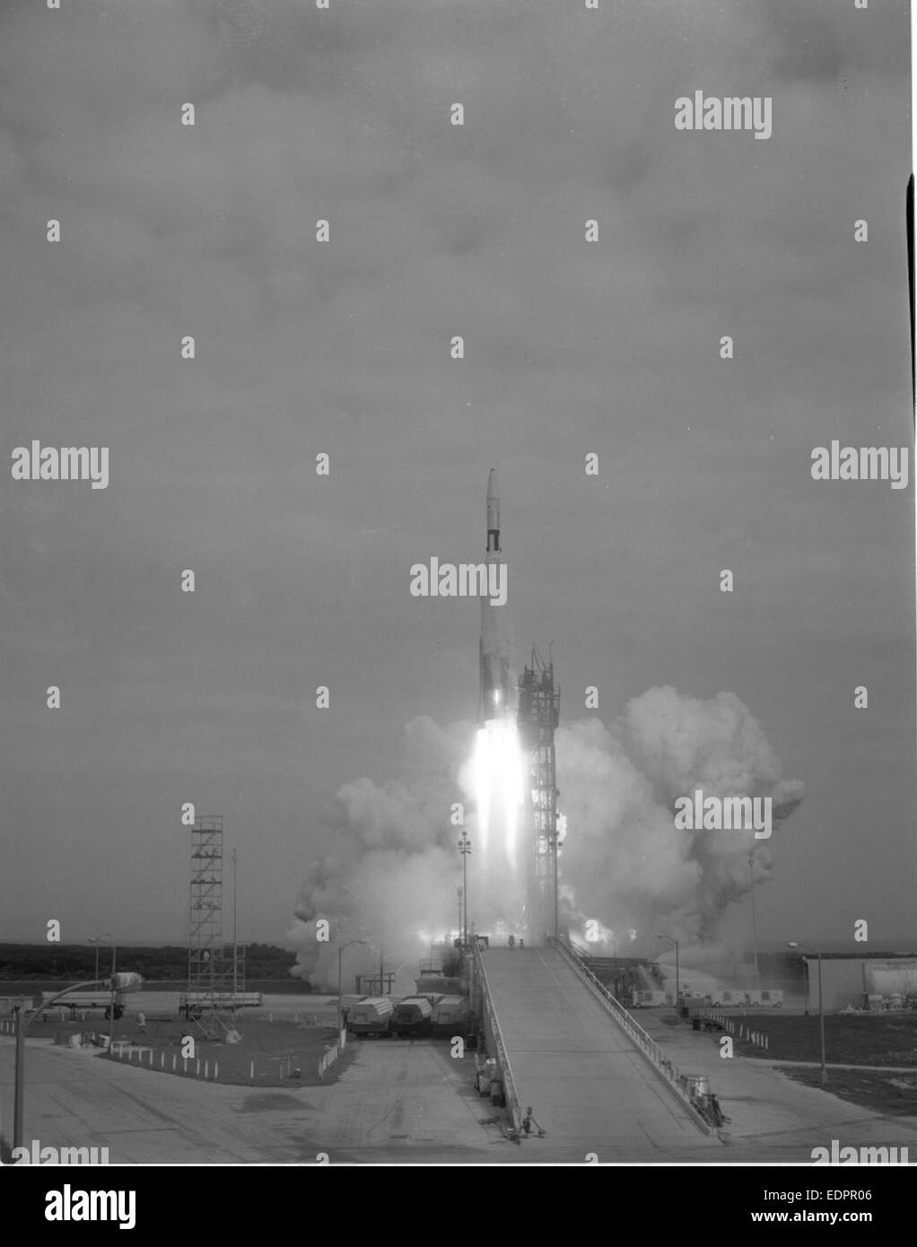 Photograph of an Atlas ICBM launch, without text or markings on the ...