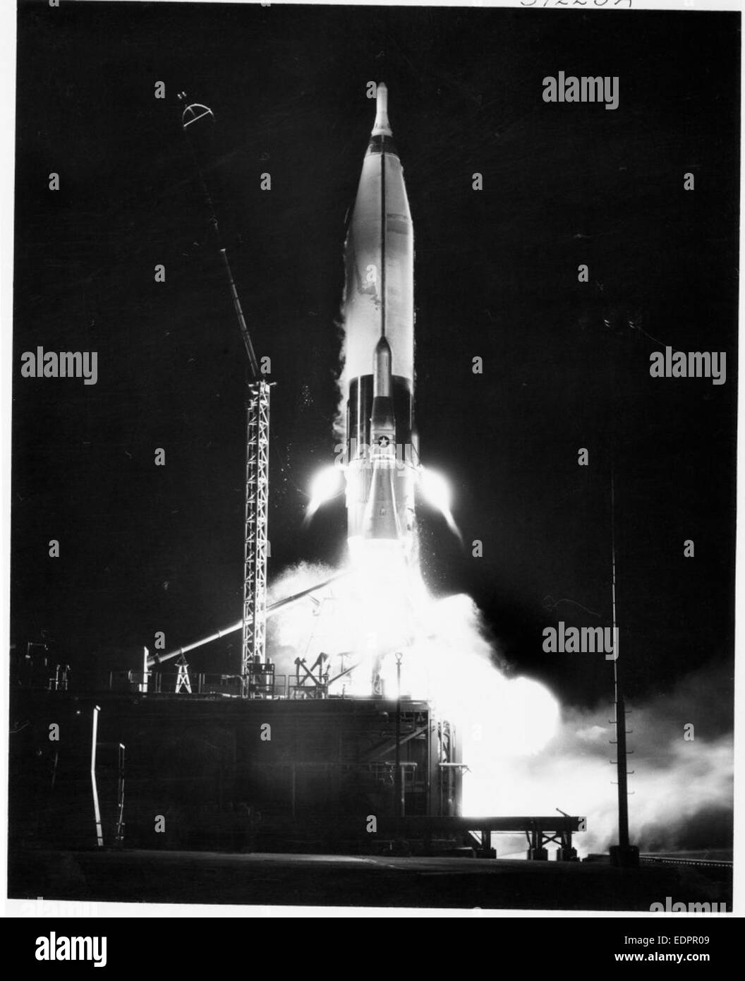 A photograph capturing the launch of an Atlas ICBM (Intercontinental ...