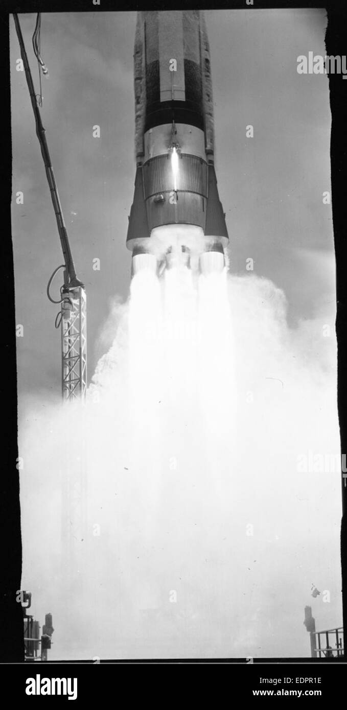 This photograph documents the launch of the Atlas ICBM, a key component ...