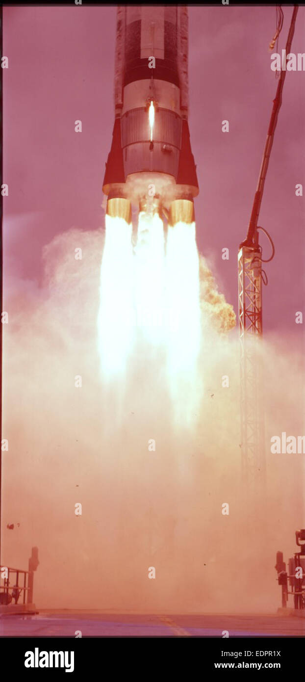 This image shows the launch of an Atlas ICBM, a key moment in Cold War ...