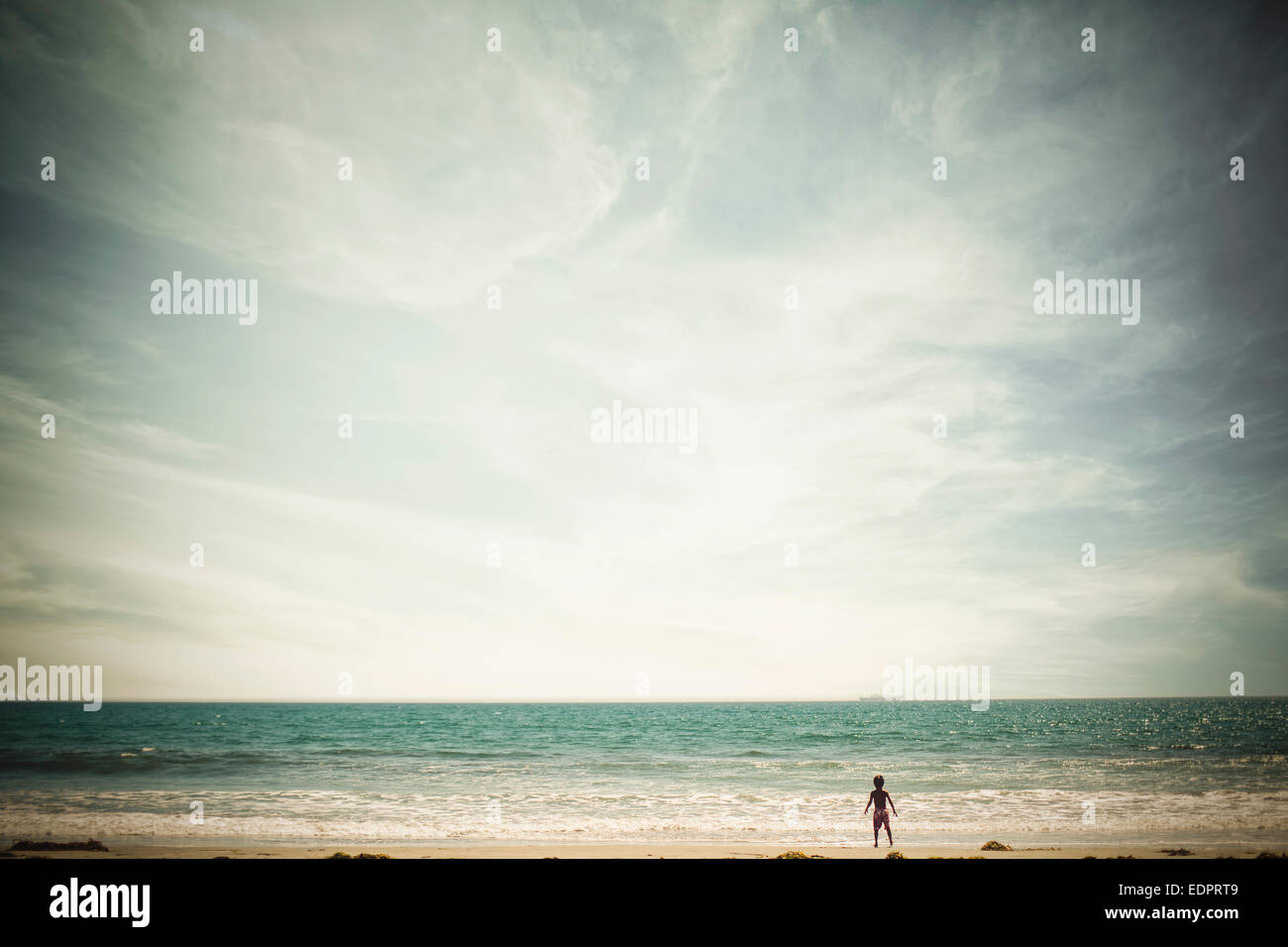 A young boy standing on a California beach looking out over the ocean ...